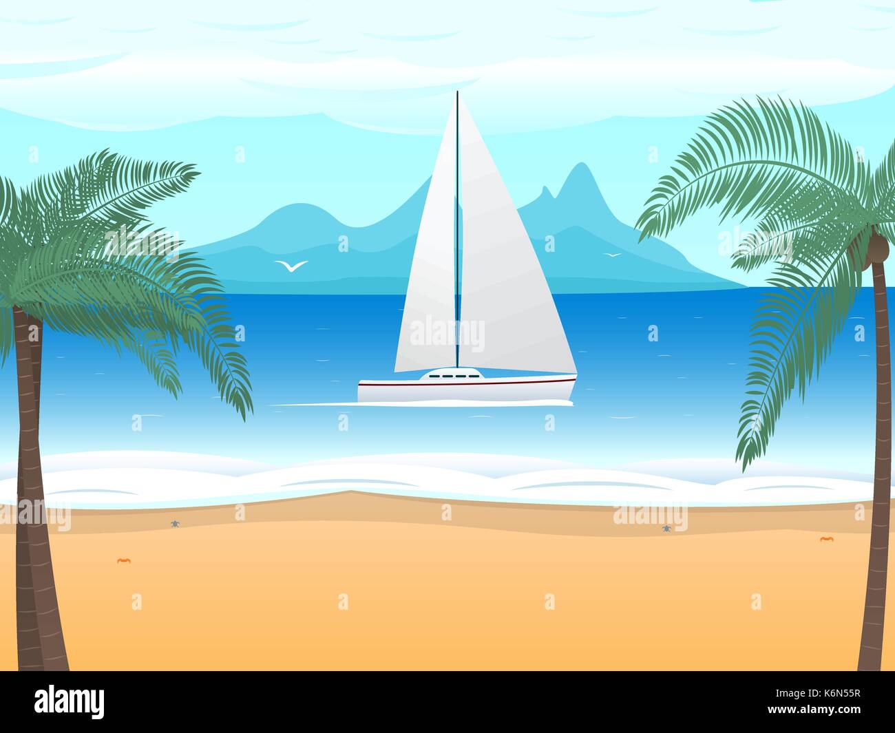 Vector beach palm tree boat with sails on ocean Stock Vector Image ...