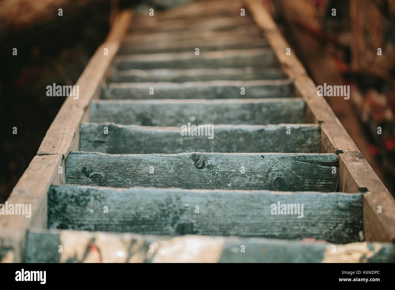 Old wooden staircase descending down Stock Photo - Alamy