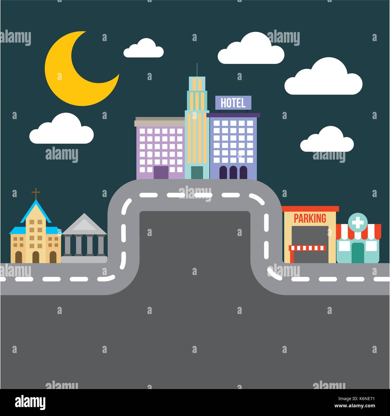 city buildings road urban street landscape night moon Stock Vector ...