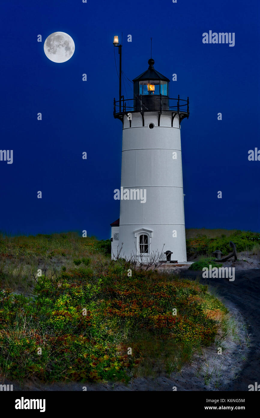 Race Point P-Town MA - Race Point Lighthouse with a full moon on Cape ...