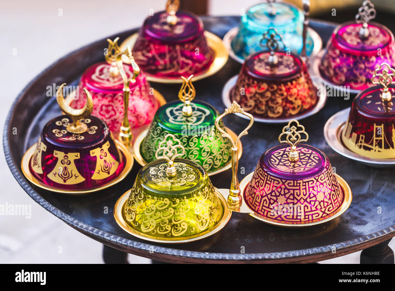 Stack of handmade multicolor Turkish dishes on the market. Vintage ...