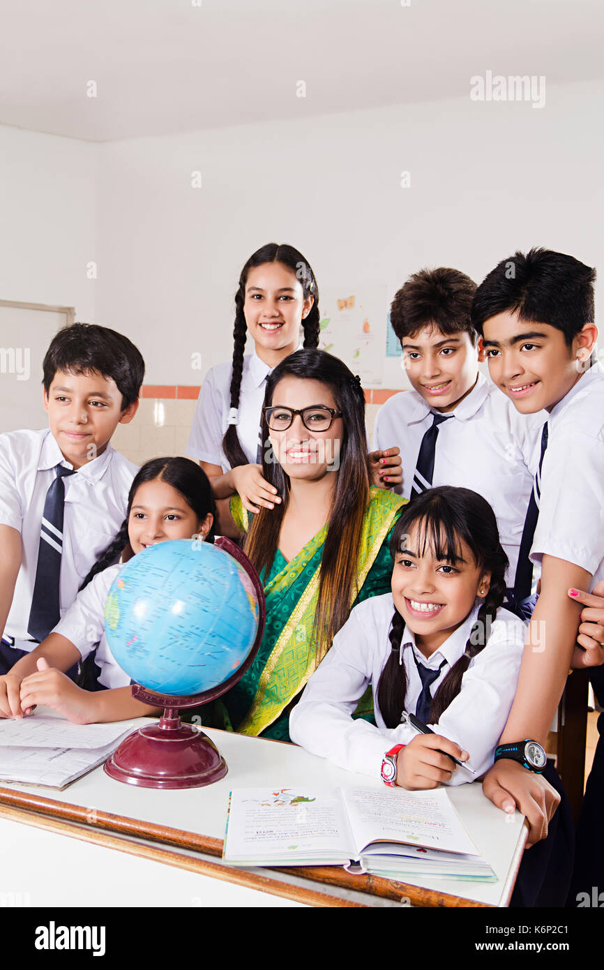 Group Children School Students And Teacher World Globe Studying In ...