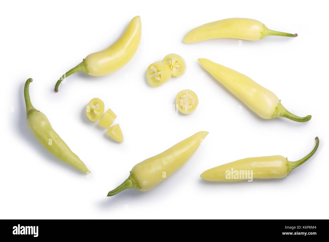 Banana peppers chiles (Capsicum annuum), top view. Clipping paths ...