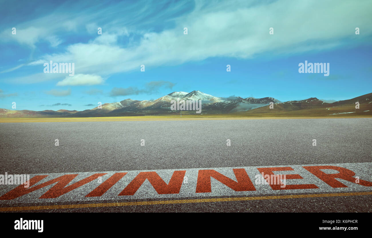 View of the empty asphalt road with winner word and beautiful mountain ...