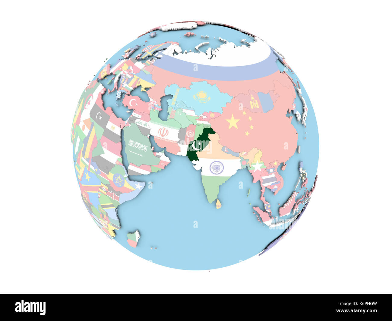Pakistan on political globe with embedded flags. 3D illustration ...