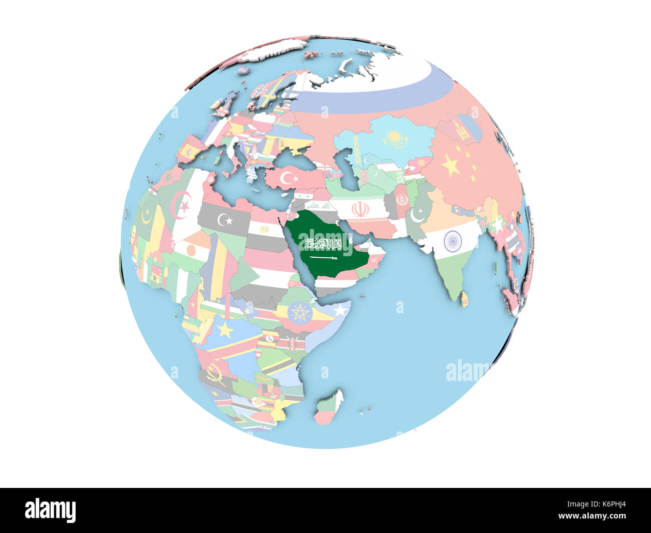 Saudi Arabia on political globe with embedded flags. 3D illustration ...