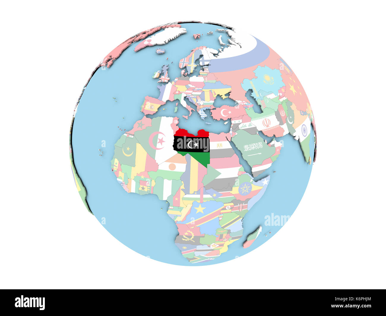 Libya on political globe with embedded flags. 3D illustration isolated ...