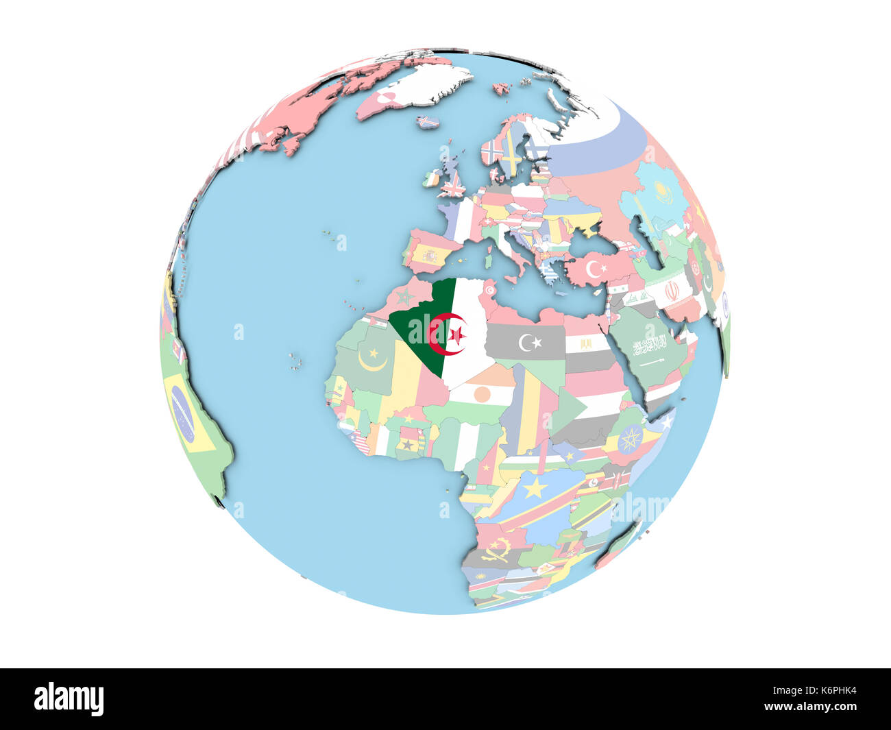 Algeria on political globe with embedded flags. 3D illustration ...