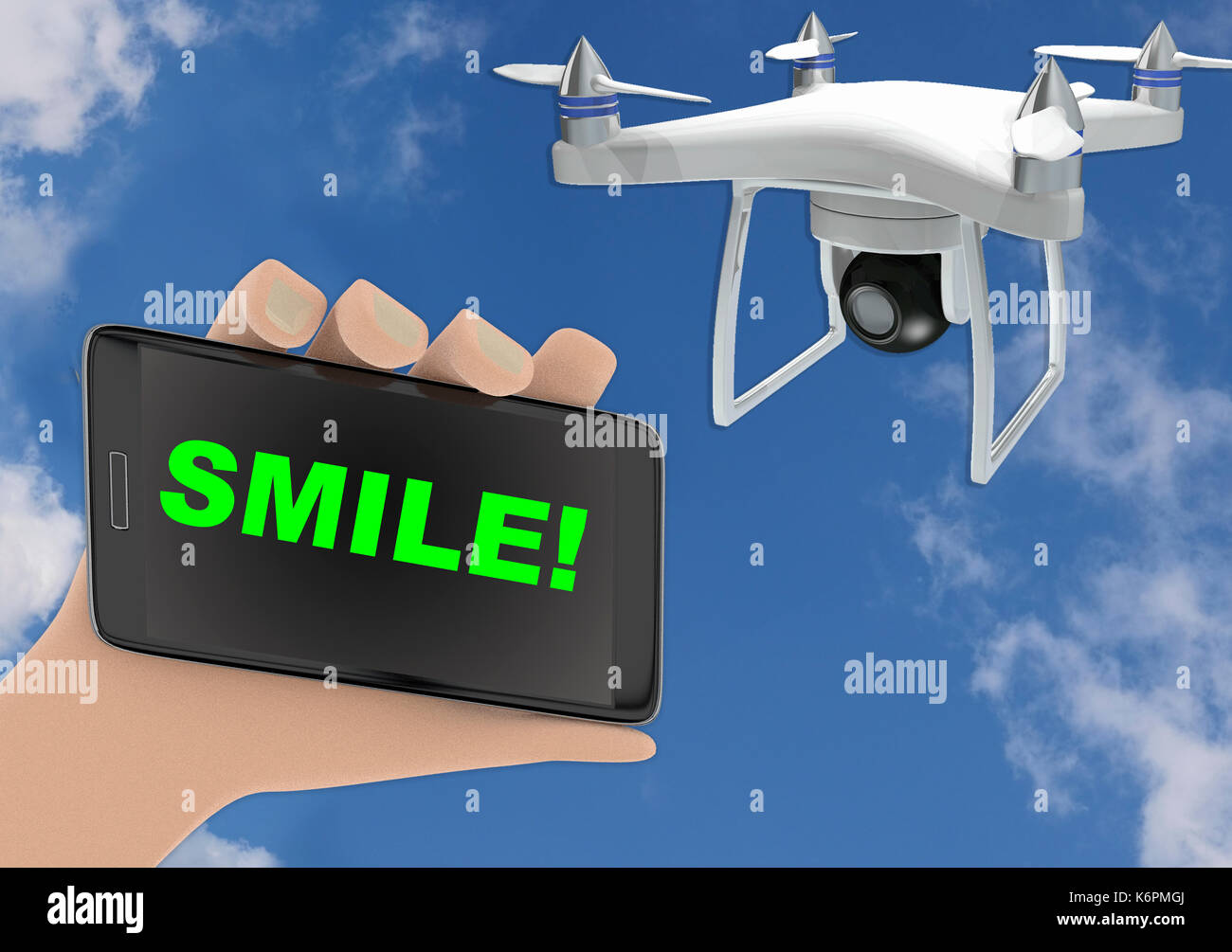 3D render illustration of drone photographing concept - hand holding ...