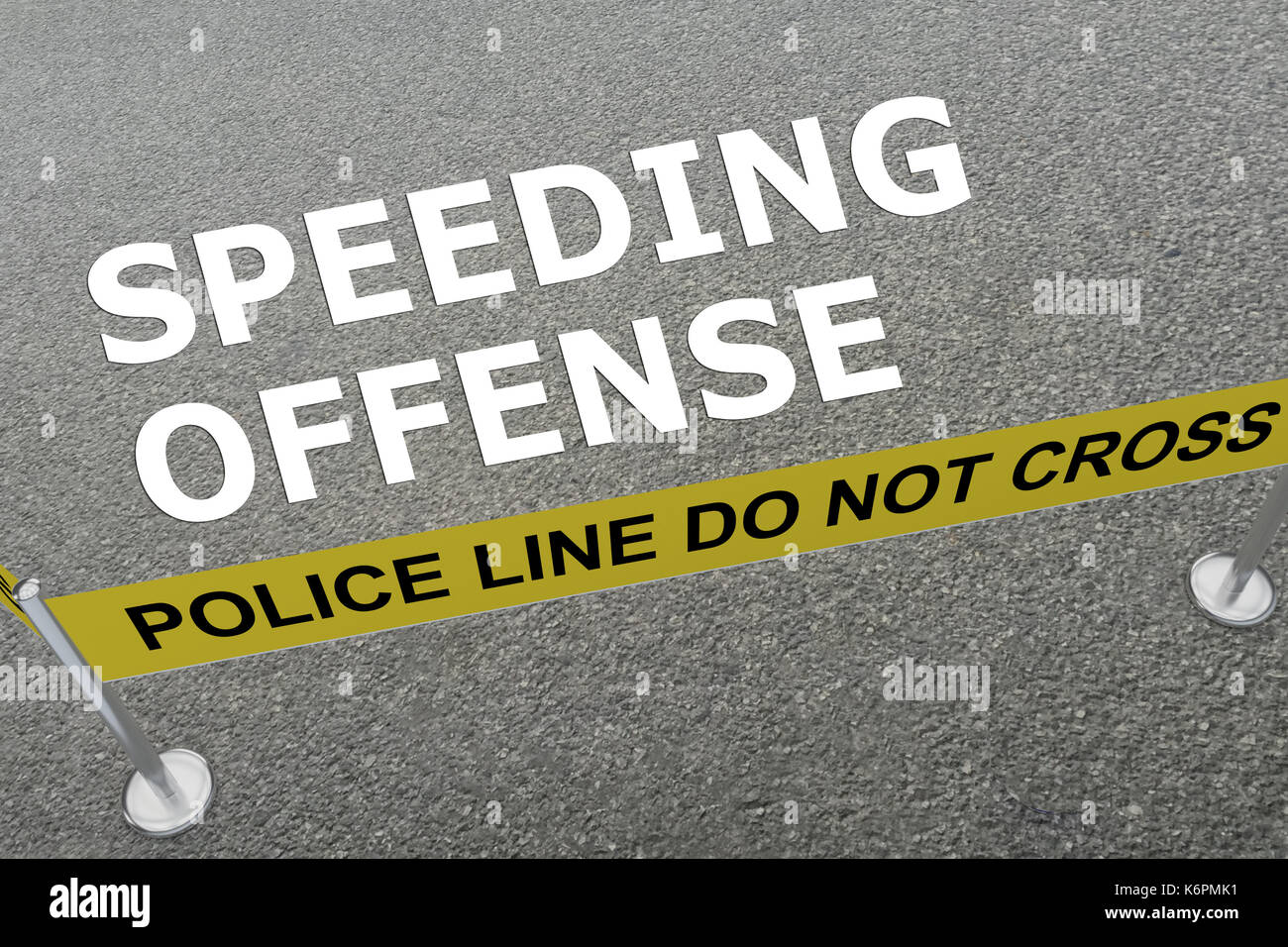 3D illustration of "SPEEDING OFFENSE" title on the ground in a police ...