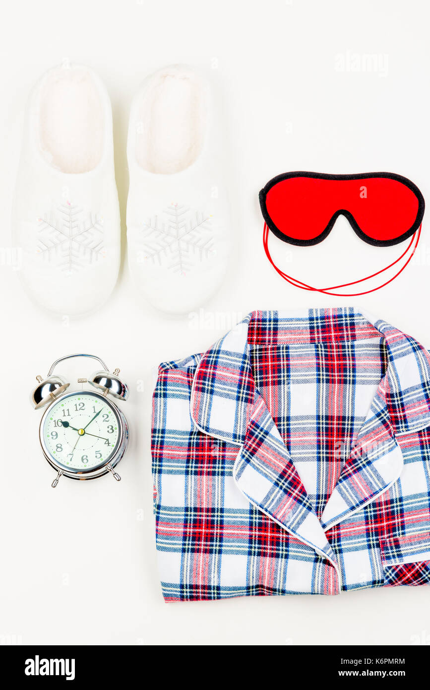 objects for a good sleep close-up view from above on a white background ...