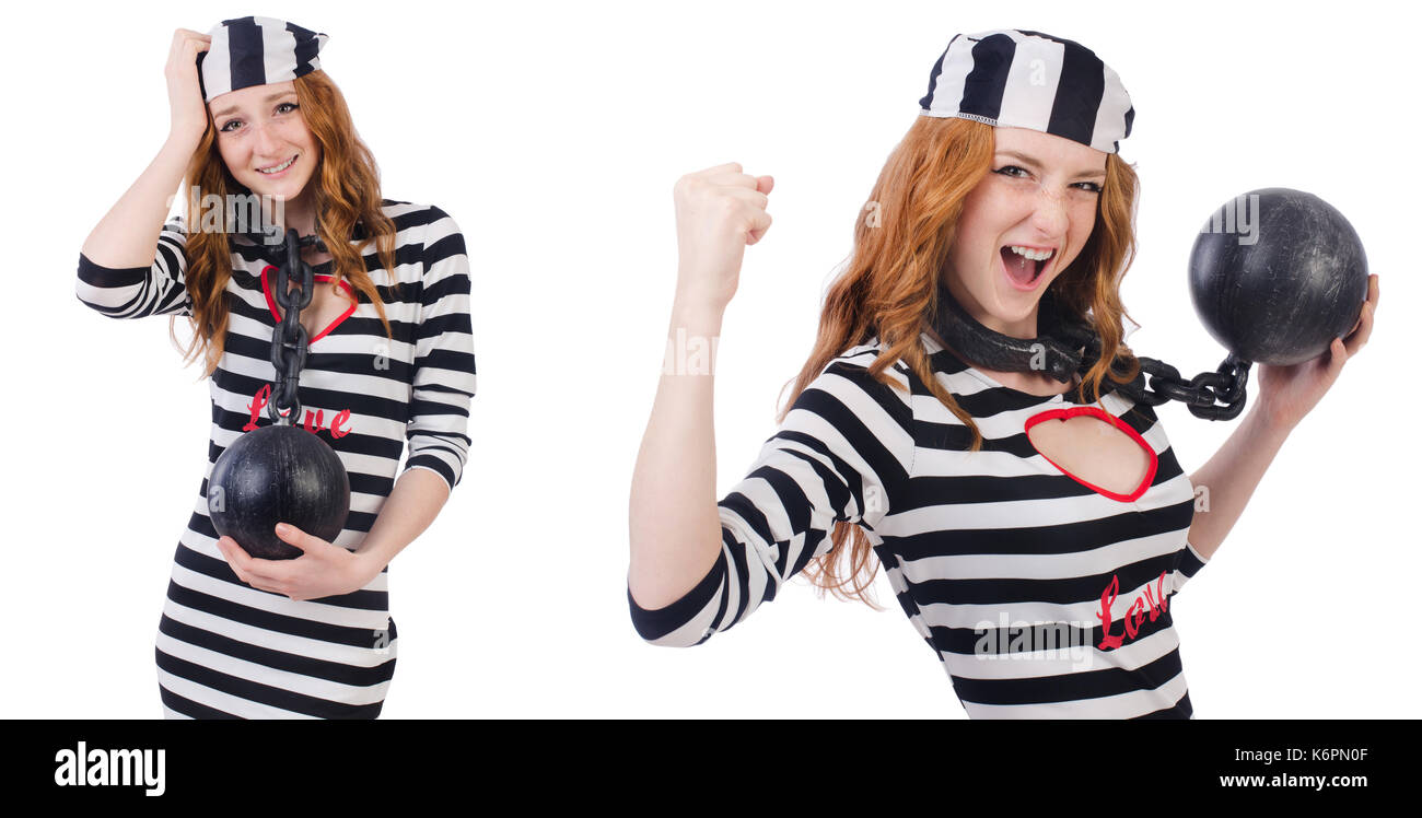 Young smiling woman-prisoner isolated on white Stock Photo - Alamy