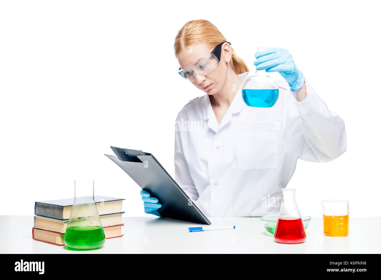 woman lab assistant with test tubes isolated on white background Stock ...