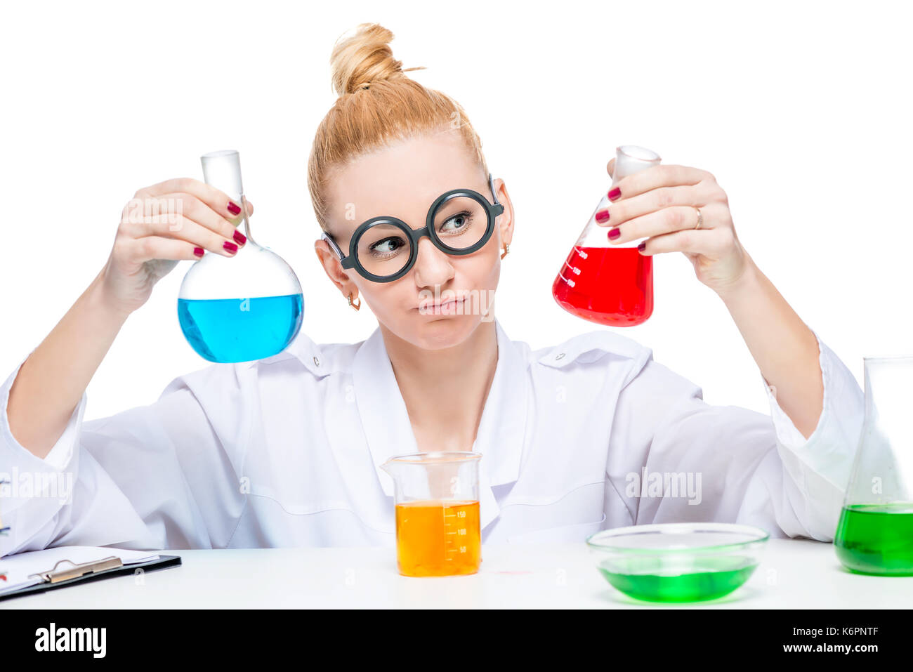 Crazy chemist with test tubes in hands, portrait isolated Stock Photo ...