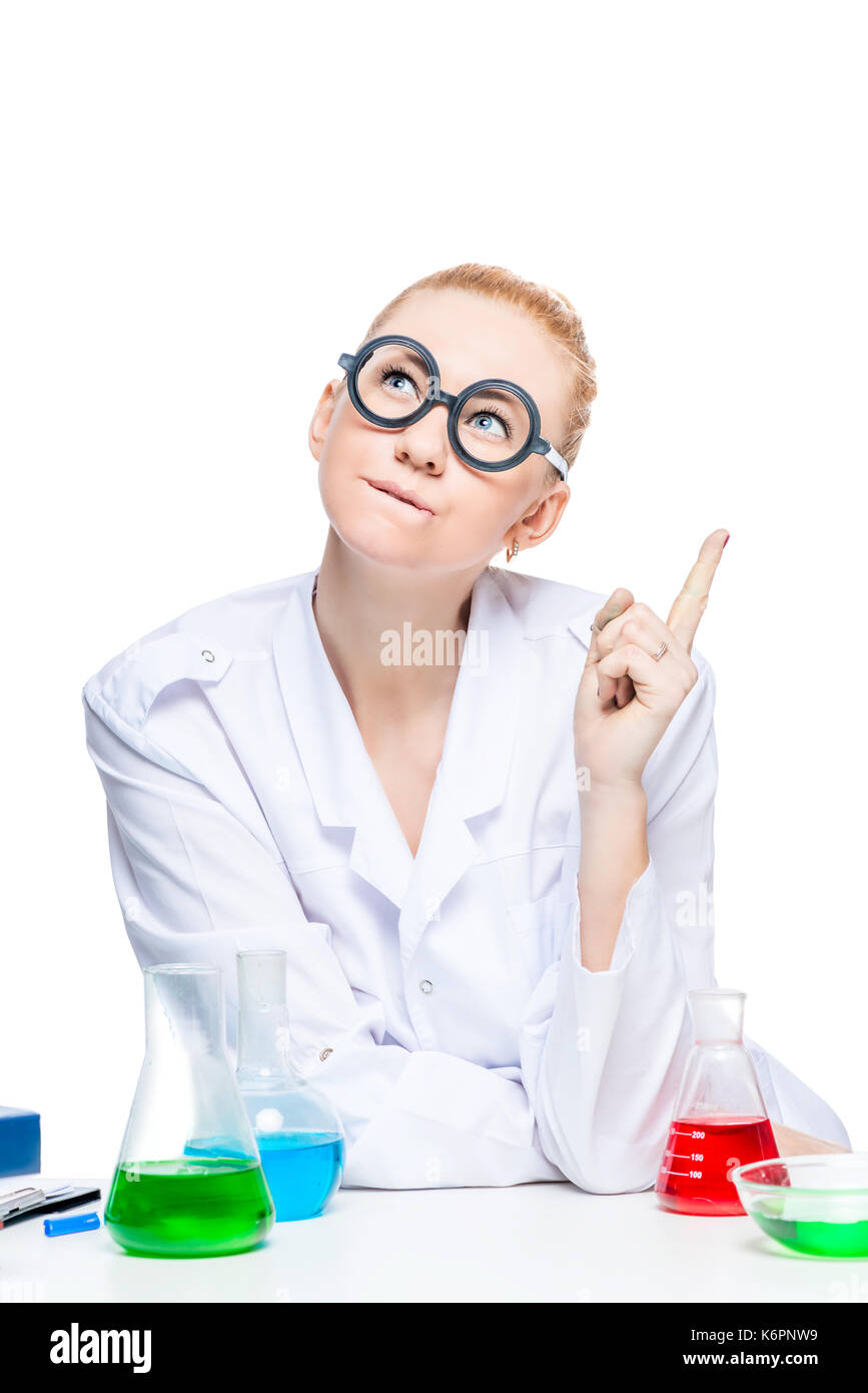 Portrait of a beautiful lab assistant with glasses with a good idea ...