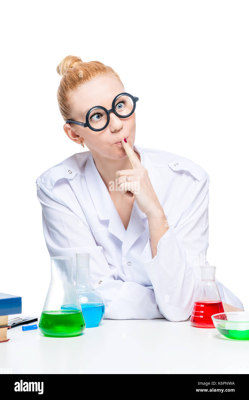 On white background portrait of a pensive crazy laboratory assistant ...