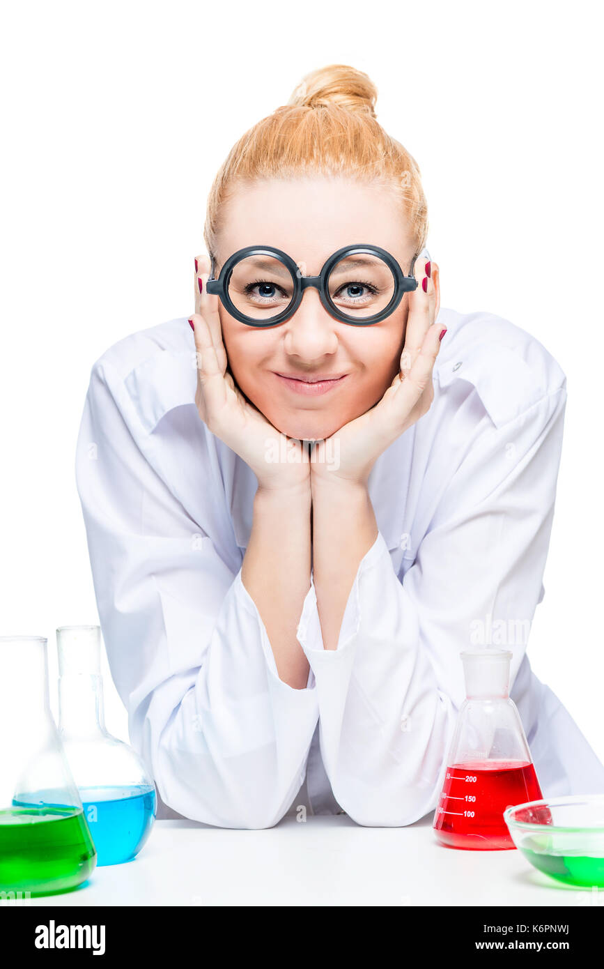 Vertical portrait of blond doctor chemist with test tubes on white ...
