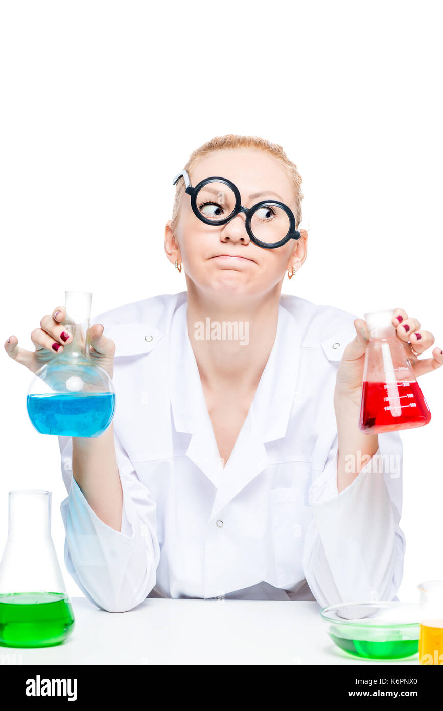 tired crazy chemist in glasses with test tubes conducting experiments ...