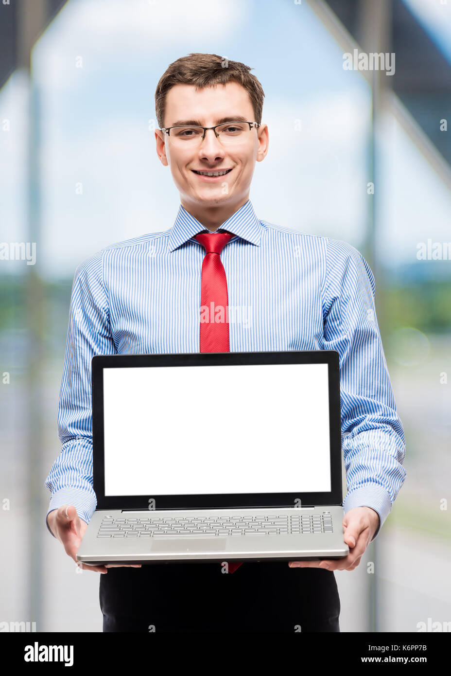 Boss with a computer with a blank screen for writing in the office ...