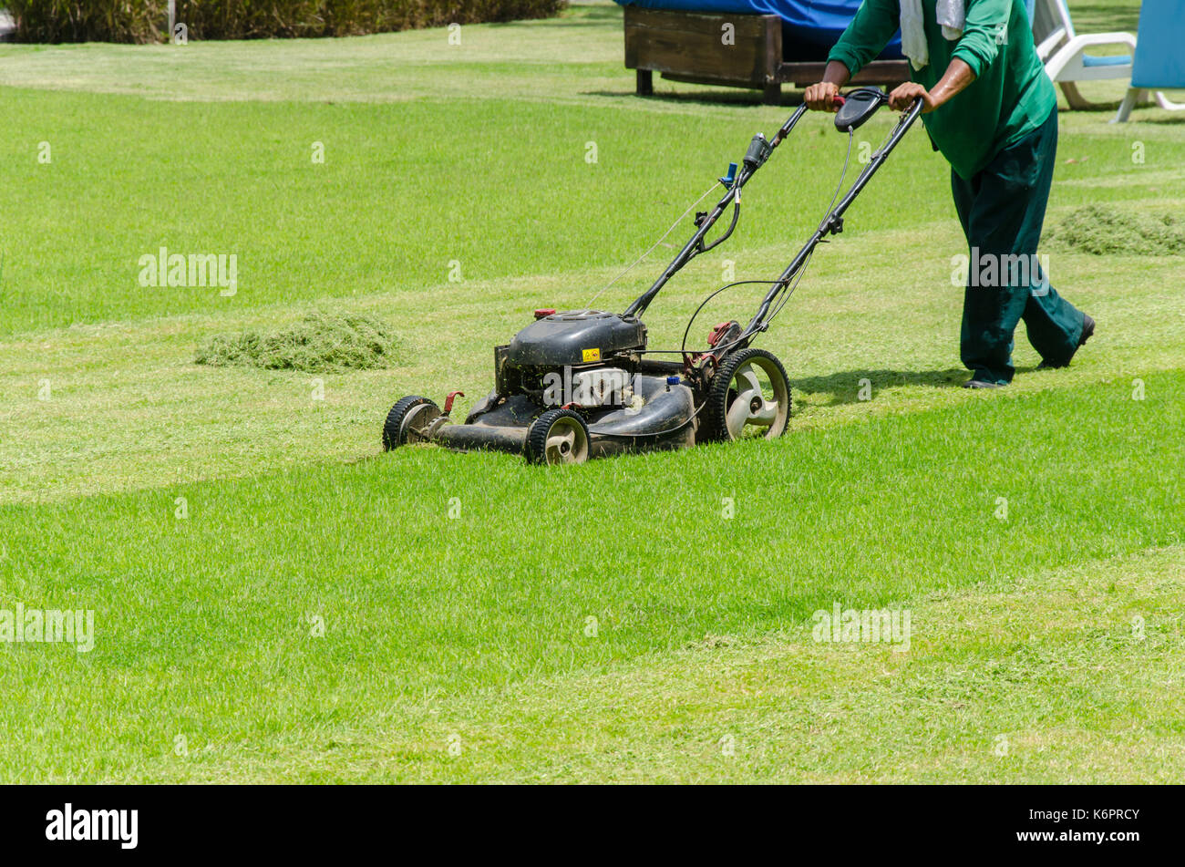 People are cutting grass in the garden Stock Photo - Alamy