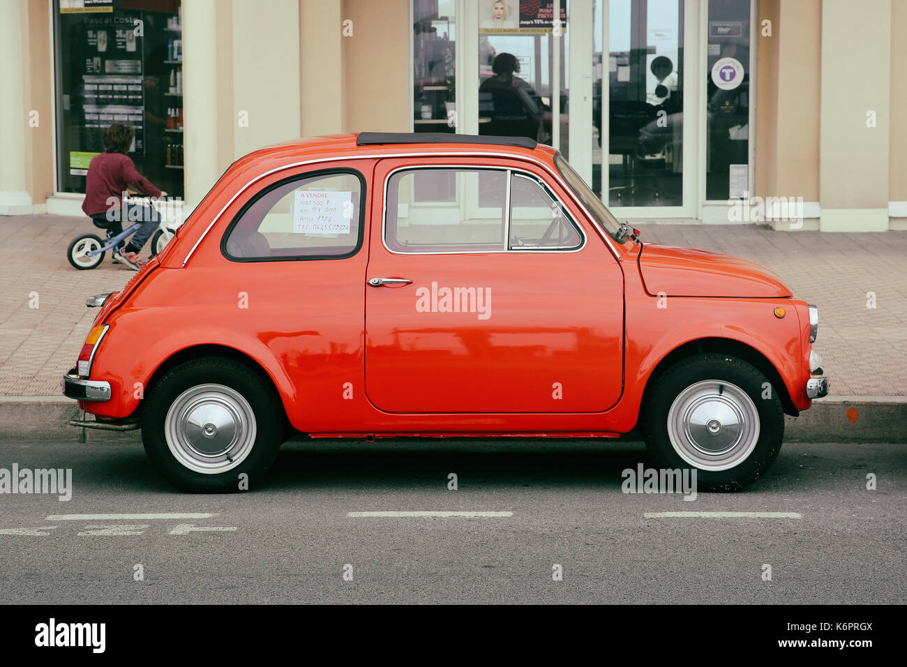 Menton, France - May 14, 2016: Small Italian car Fiat 500 Parked in a ...