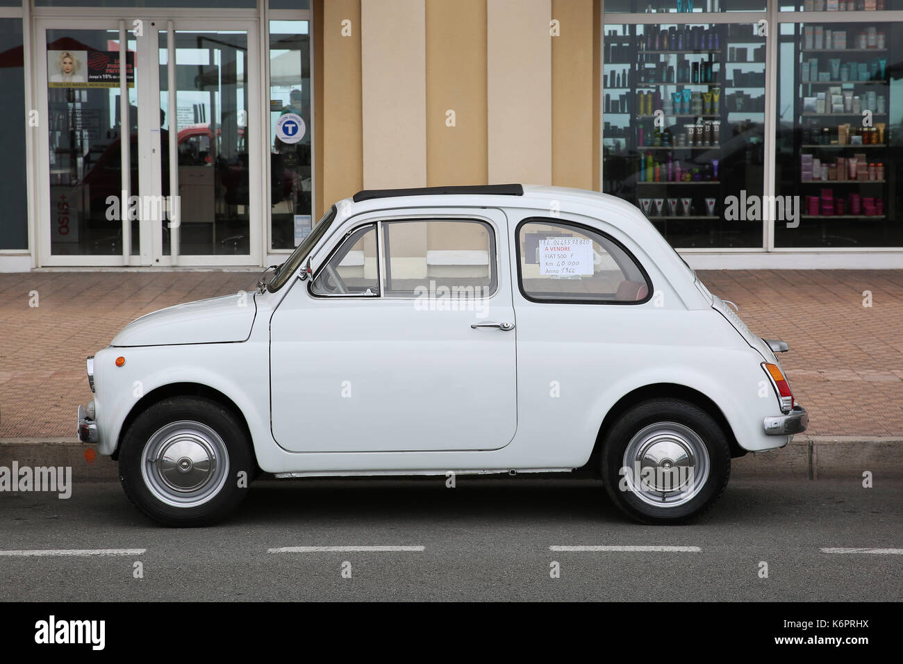 Menton, France - May 14, 2016: Small Italian car Fiat 500 Parked in a ...