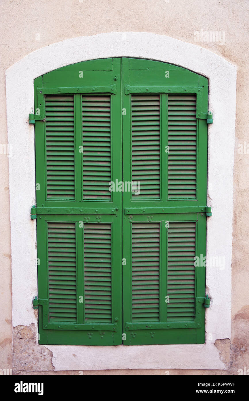 Traditional French Windows With Green Shutters Stock Photo - Alamy
