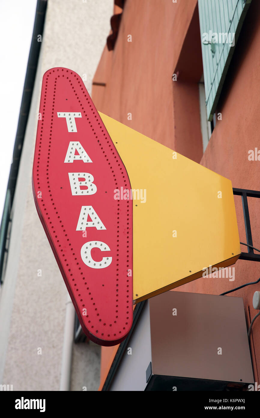 French Red And White Sign Tabac. In France "Tabac" means Tobacco Stock ...