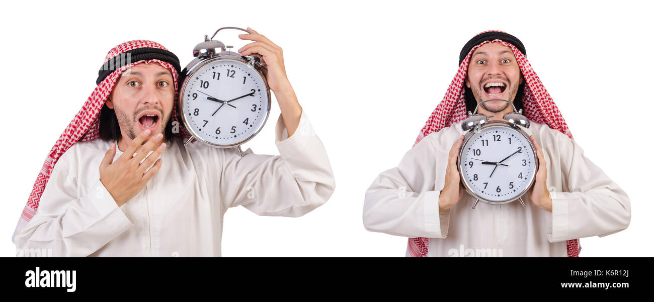 Arab man in time concept on white Stock Photo - Alamy