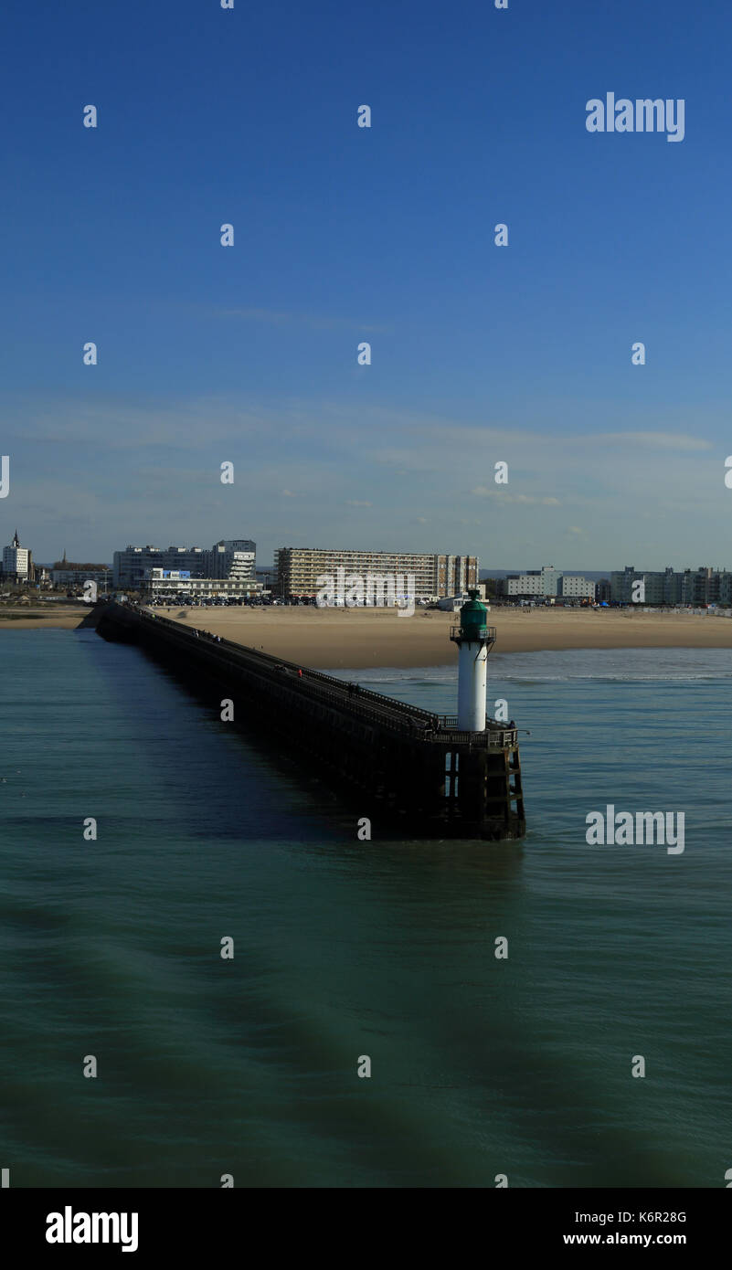 View of pier from cross channel ferry in the English channel at Calais ...