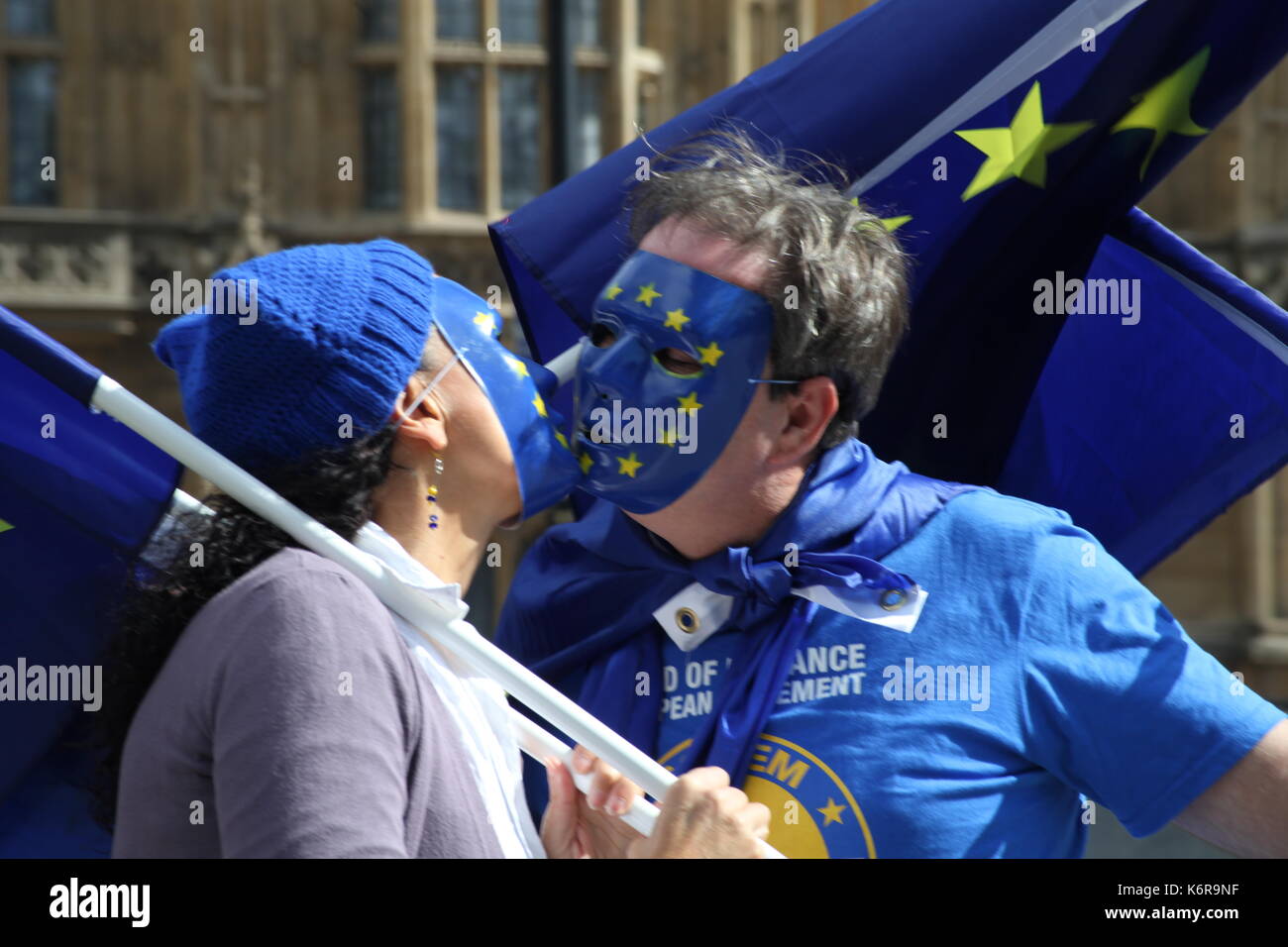 London, UK. 13th Sep, 2017. People in the EU masks with the flags are ...