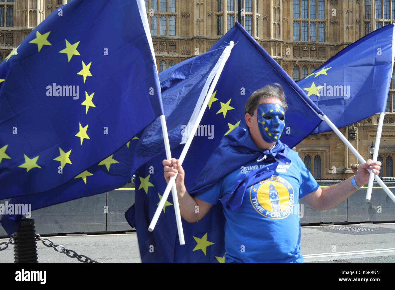 London, UK. 13th Sep, 2017. People in the EU masks with the flags are ...