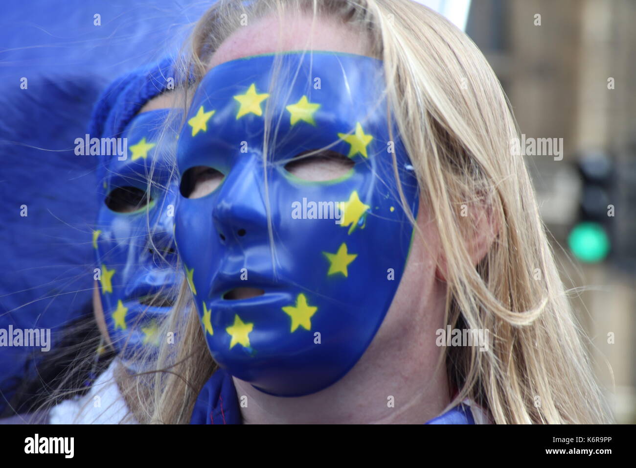 London, UK. 13th Sep, 2017. People in the EU masks with the flags are ...