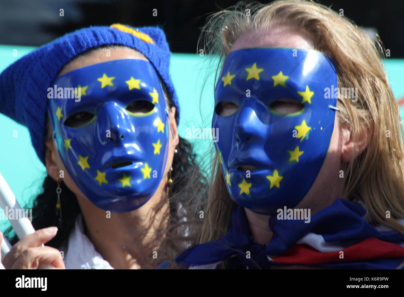 London, UK. 13th Sep, 2017. People in the EU masks with the flags are ...