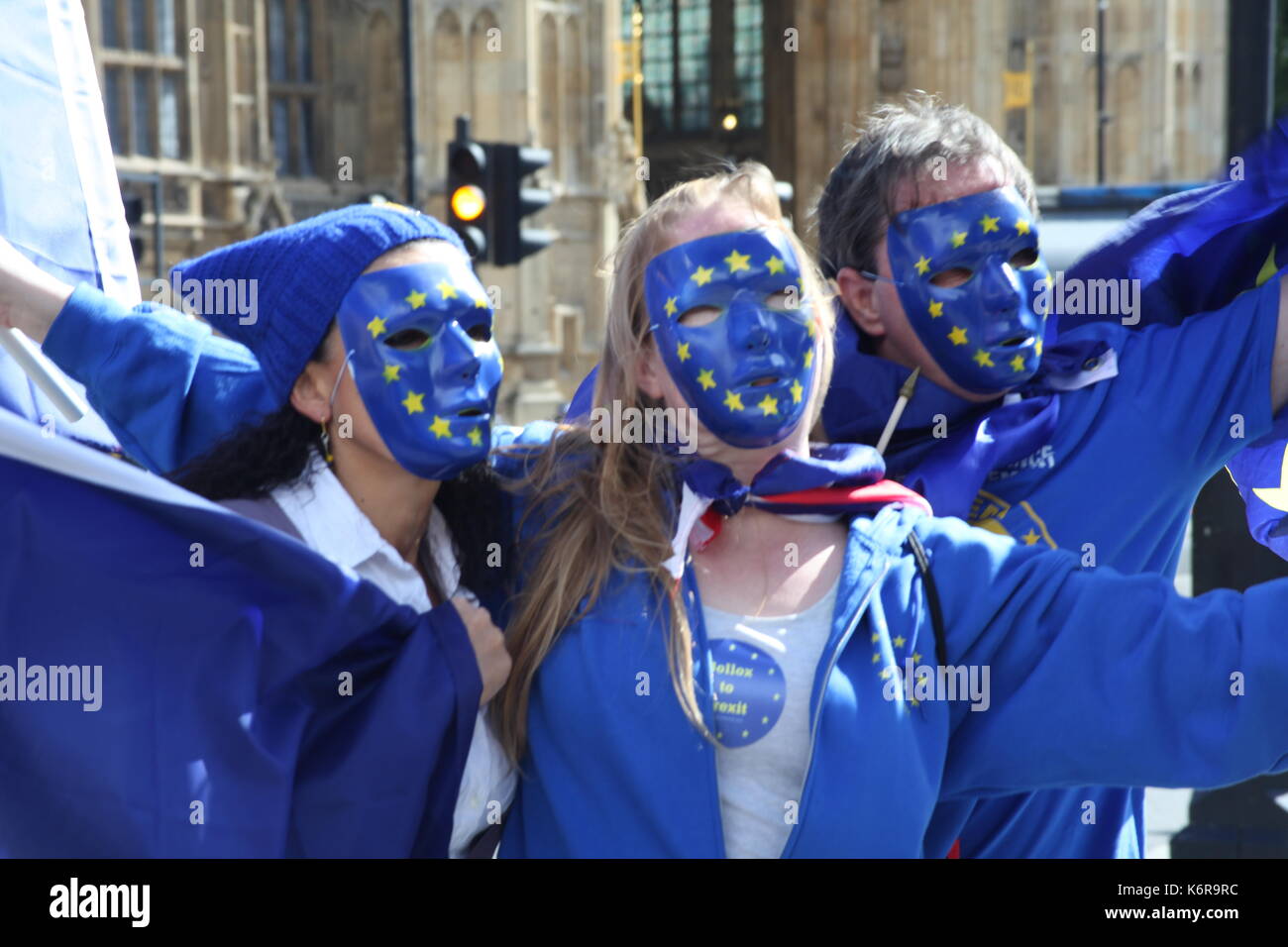 London, UK. 13th Sep, 2017. People in the EU masks with the flags are ...