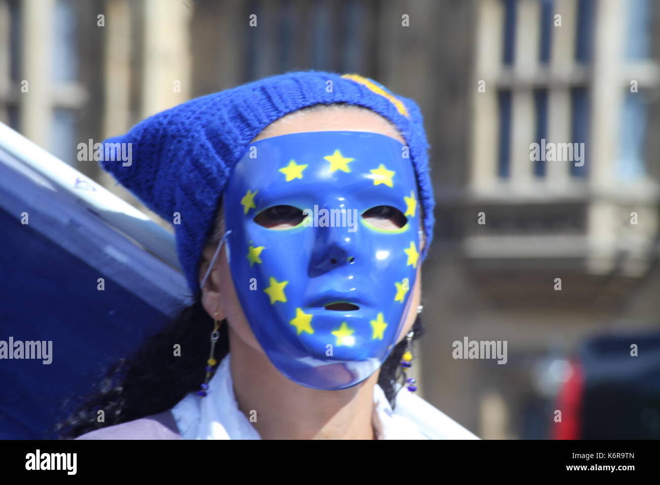 London, UK. 13th Sep, 2017. People in the EU masks with the flags are ...