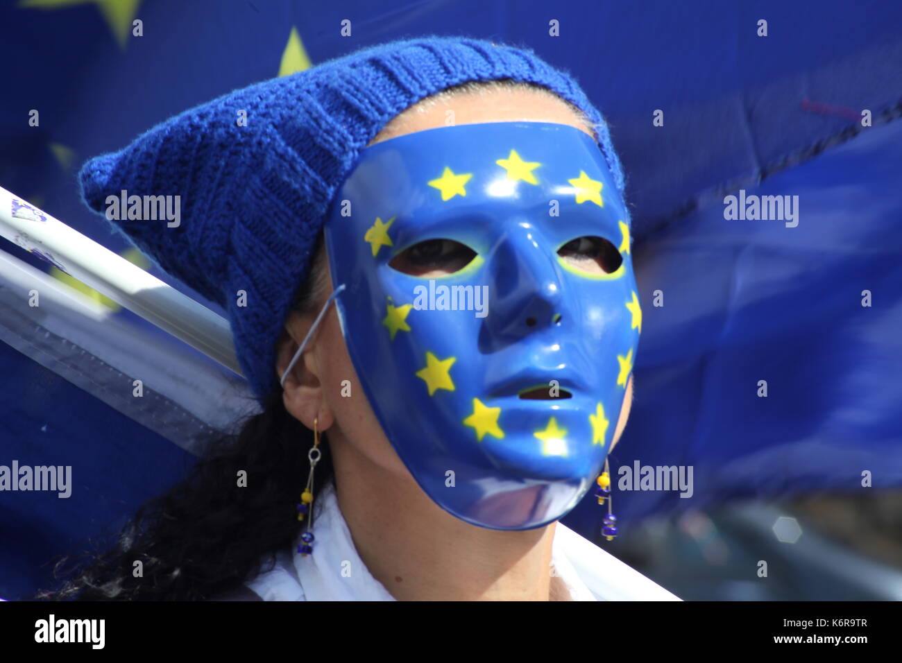 London, UK. 13th Sep, 2017. People in the EU masks with the flags are ...