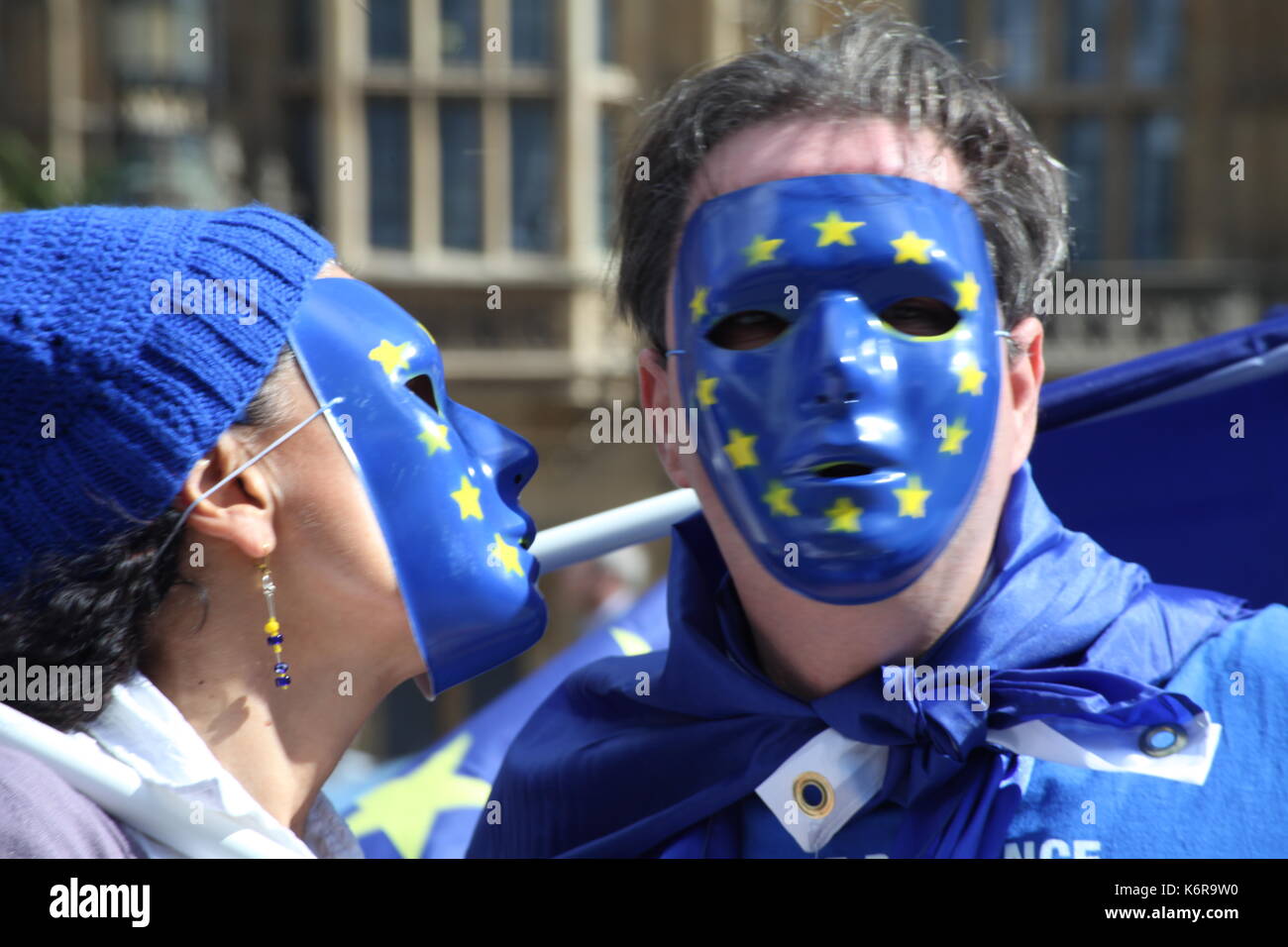 London, UK. 13th Sep, 2017. People in the EU masks with the flags are ...