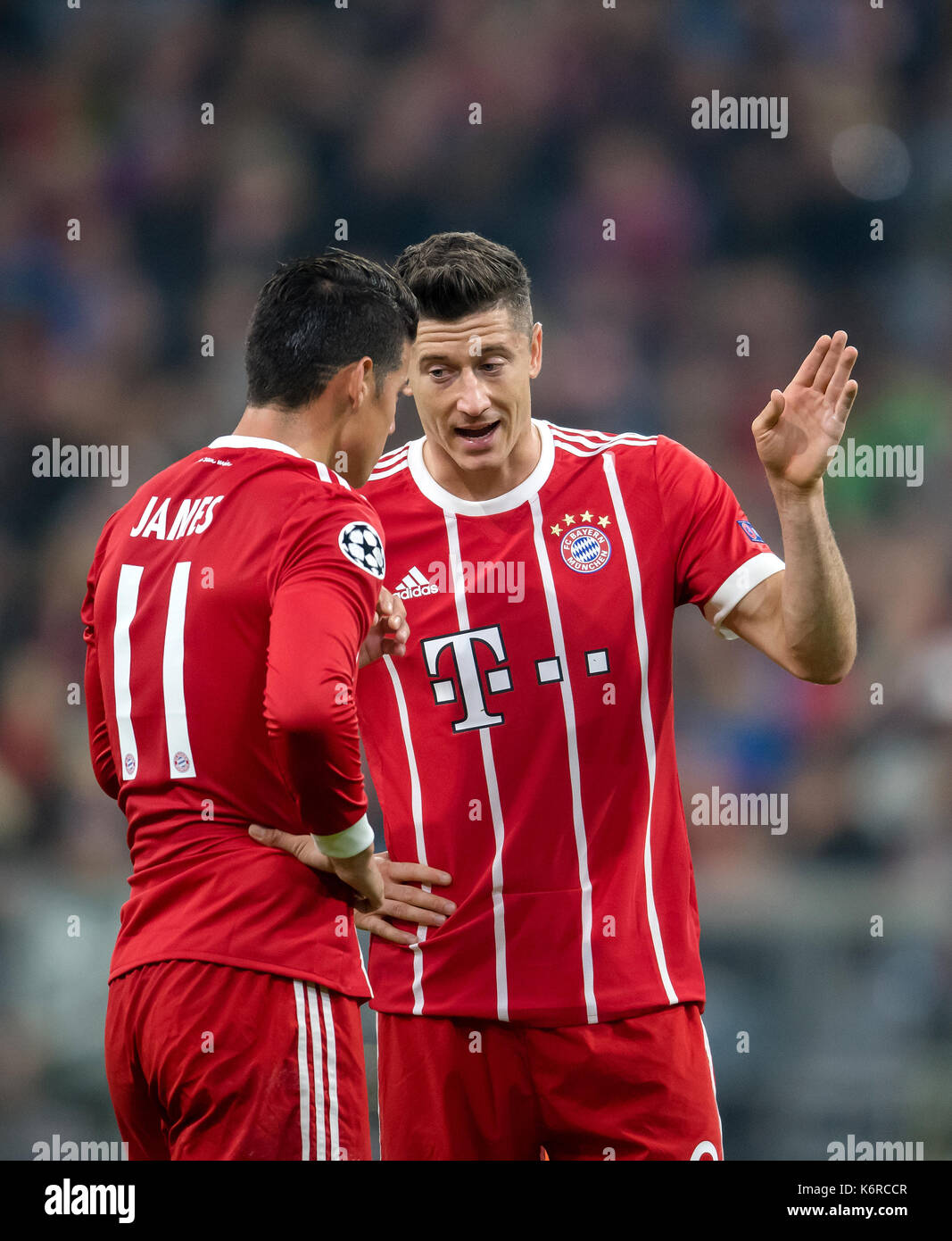 Munich, Germany. 12th Sep, 2017. Munich's Robert Lewandowski and James ...