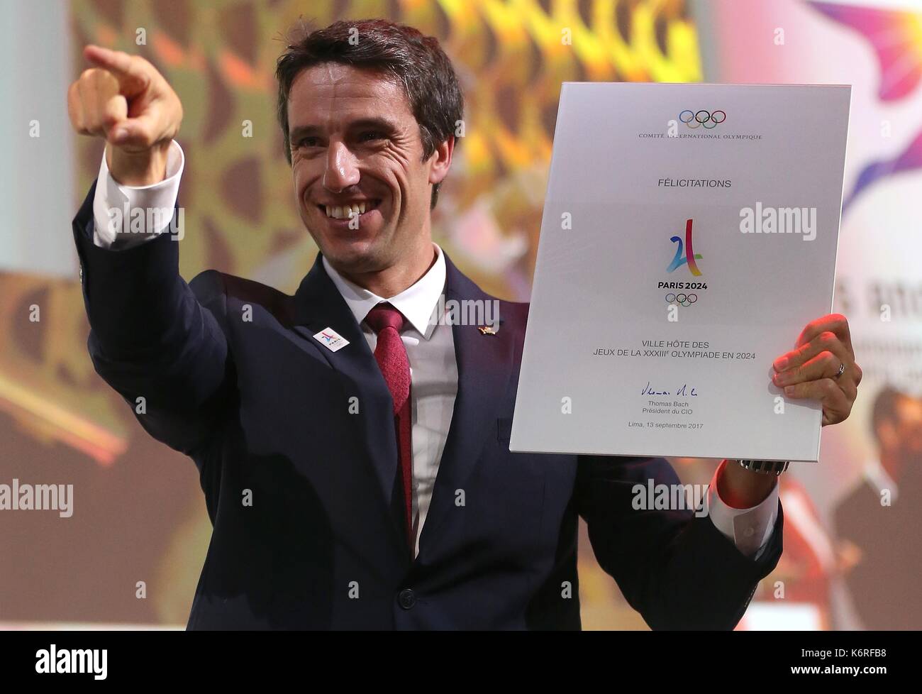 Lima, Peru. 13th Sep, 2017. Tony Estanguet, Co-chairman of Paris 2024 ...