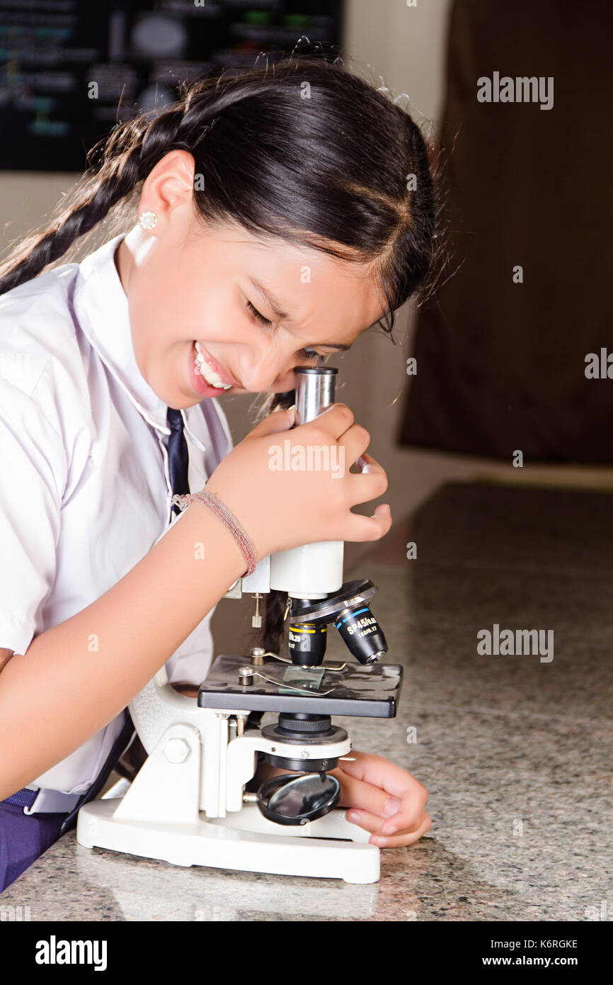 1 Indian School Little Girl Student Checking Microscope Science Lab ...
