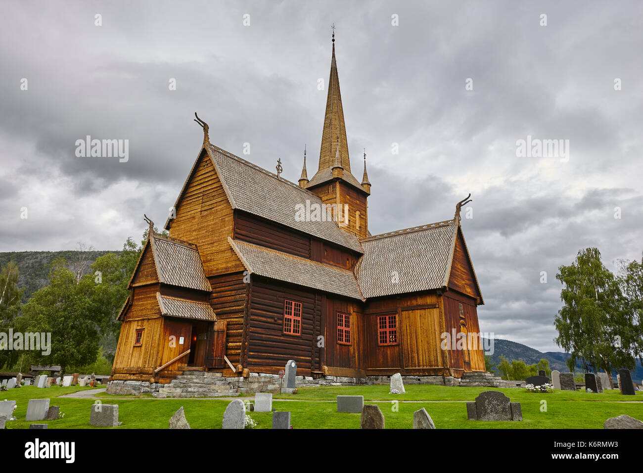 Lom medieval stave church Viking symbol. Norwegian heritage. Horizontal ...