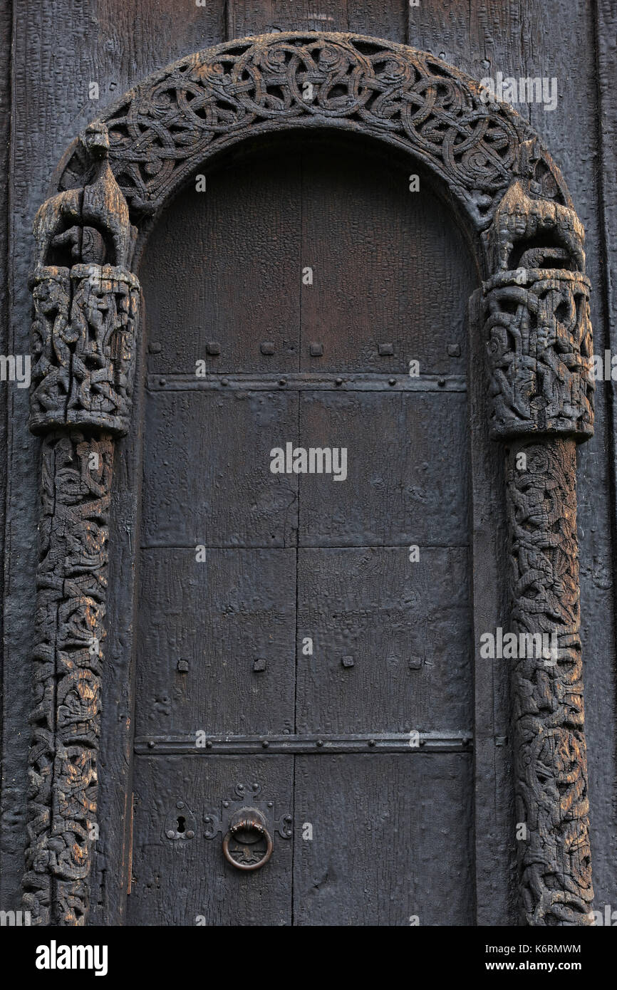 Lom medieval stave church door detail. Viking symbol. Norway tourism ...