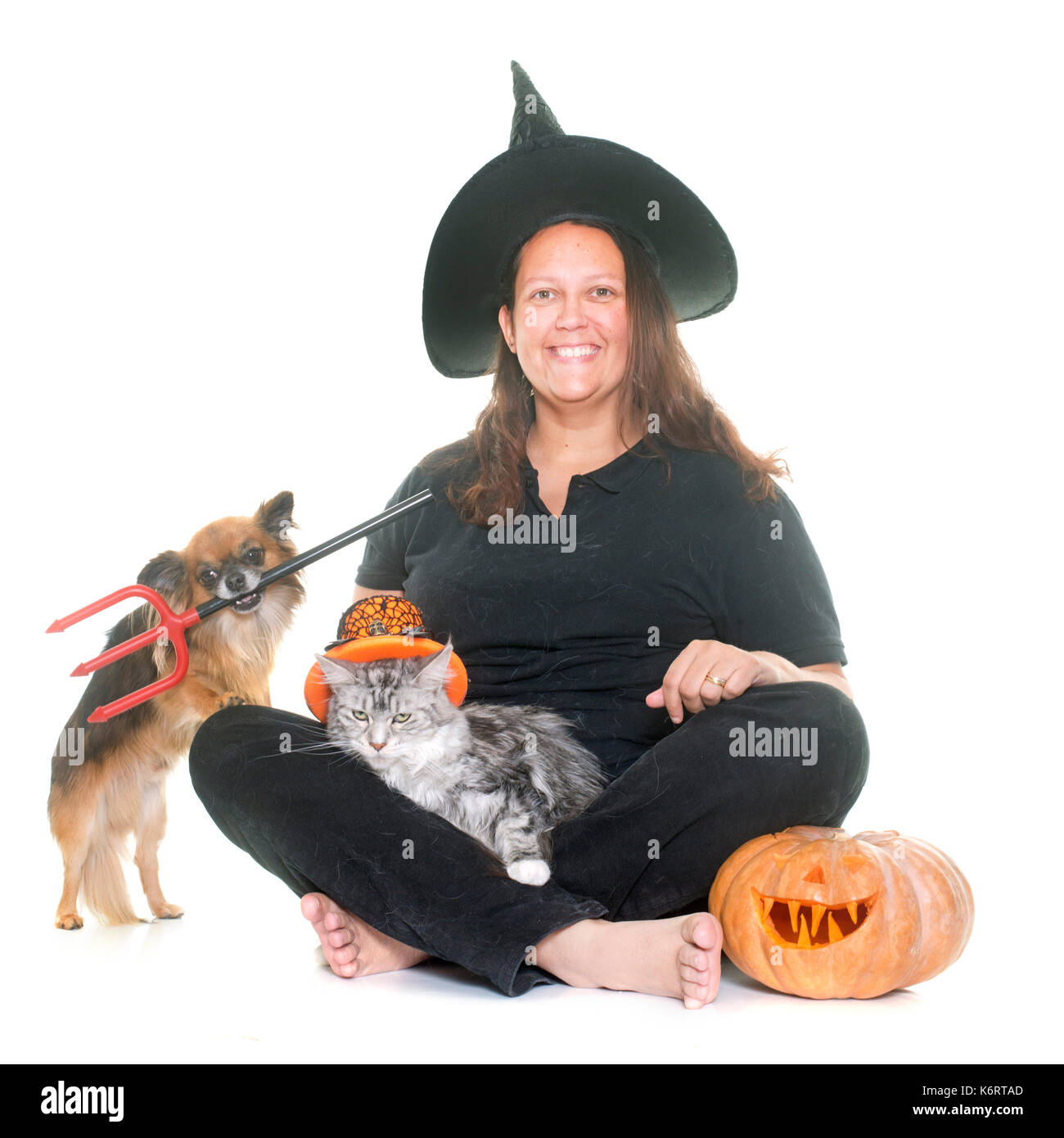 witch and pet in front of white background Stock Photo - Alamy