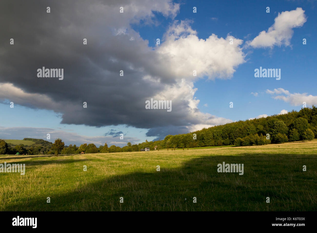 Classic English countryside views with blue sky, clouds and green ...