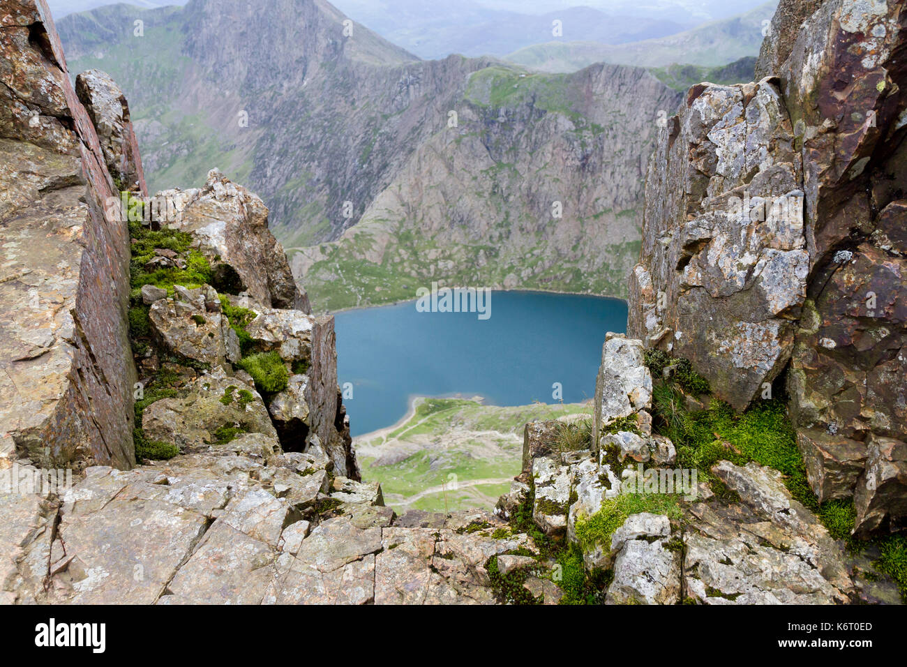 Views looking down on mountains and lakes in Snowdonia, North Wales ...