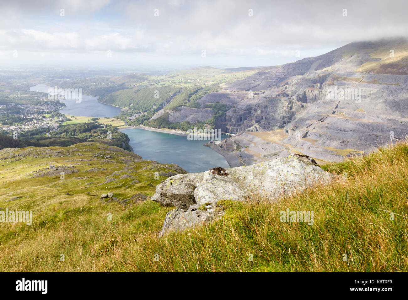 Views looking down on mountains and lakes in Snowdonia, North Wales ...