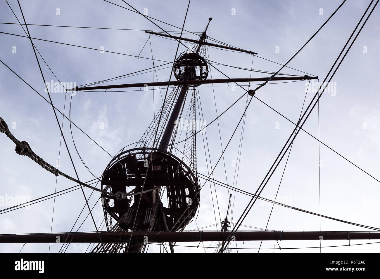 Detail of a sailboat rigging. Mast on traditional sailboats. Mast of ...