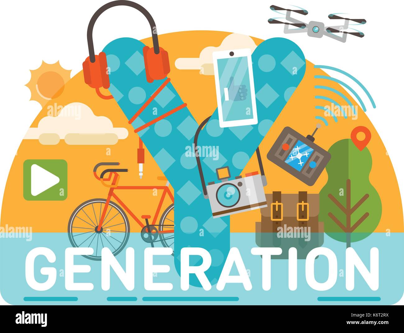 Generation Y themed title Scene showing millennial themed objects and a ...