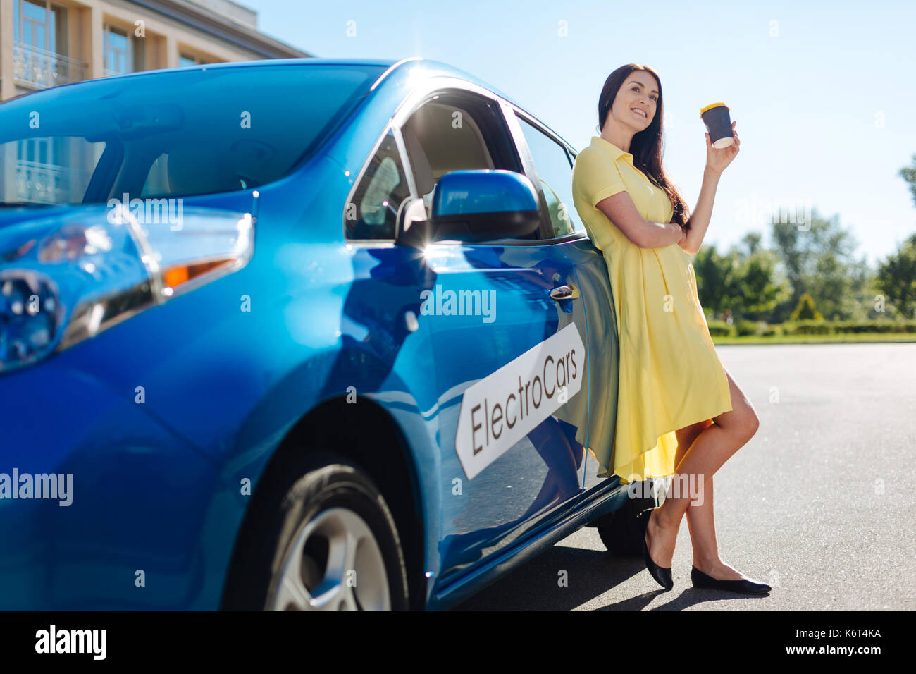 Delighted beautiful woman resting near her car Stock Photo - Alamy